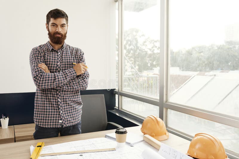 Confident Construction Engineer at His Table Stock Image - Image of ...
