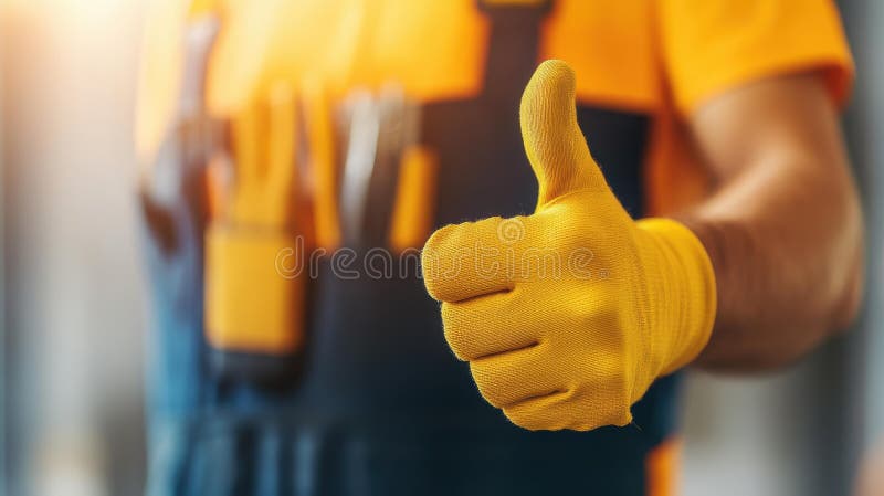 A Confident Construction Worker Displays a Thumbsup with Tools ...