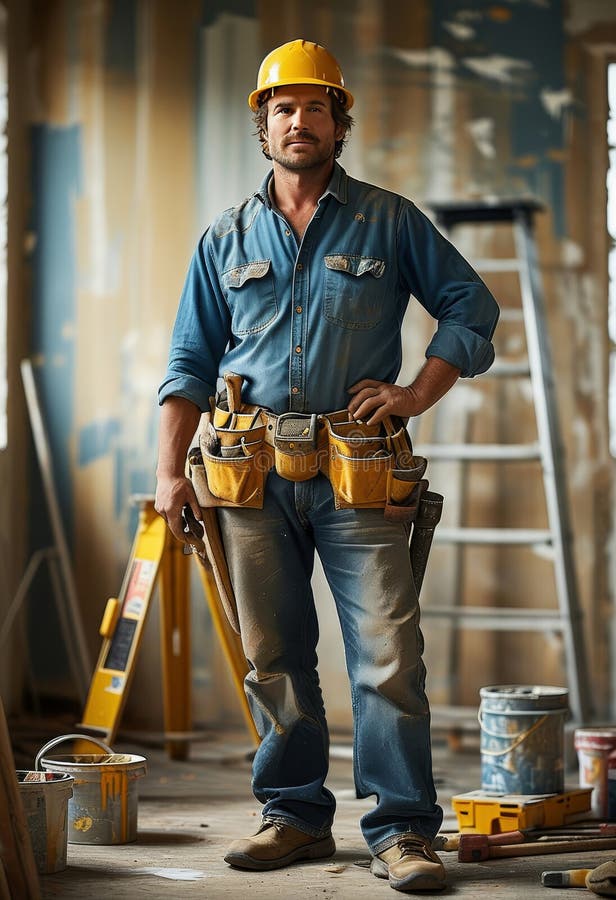 Confident Construction Worker in Hard Hat Standing in Worksite with ...