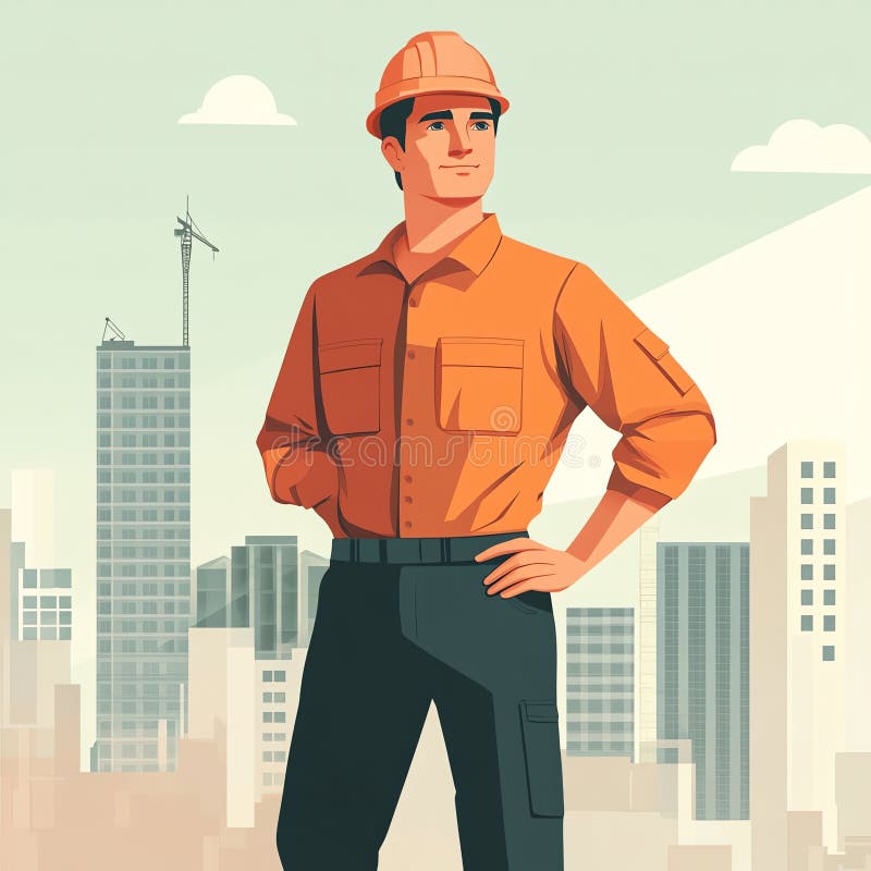 Confident Construction Worker in Orange Uniform with Skyscrapers and ...