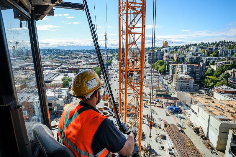 Confident Construction Worker Skillfully Operating Crane at Bustling Building Site. Generative ...