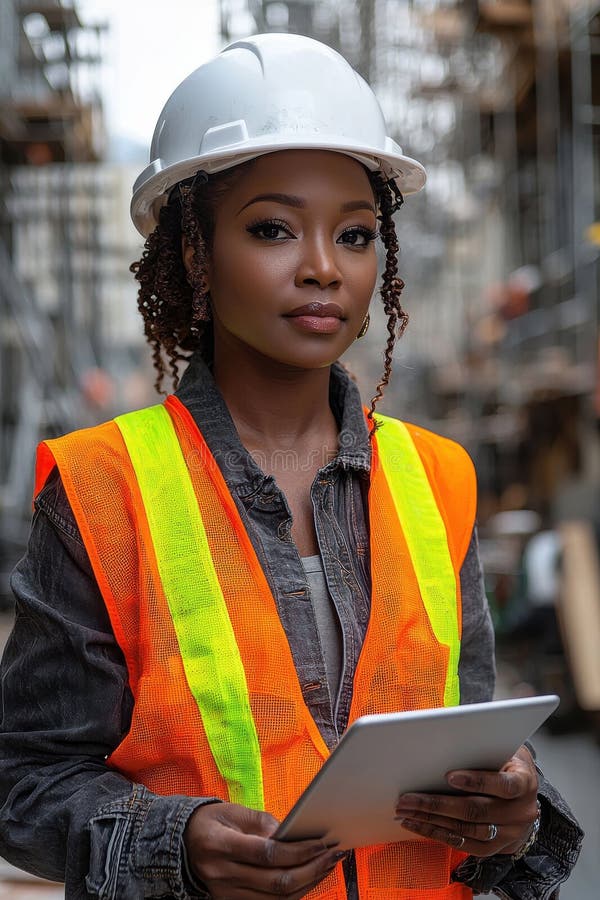 Confident Construction Worker Using a Tablet on a Busy Site Stock Image ...