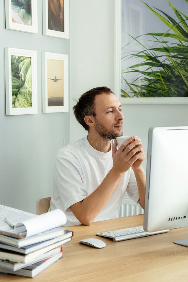 Confident Developer, Web Designer Drink Coffee at Workplace. Casual Man ...