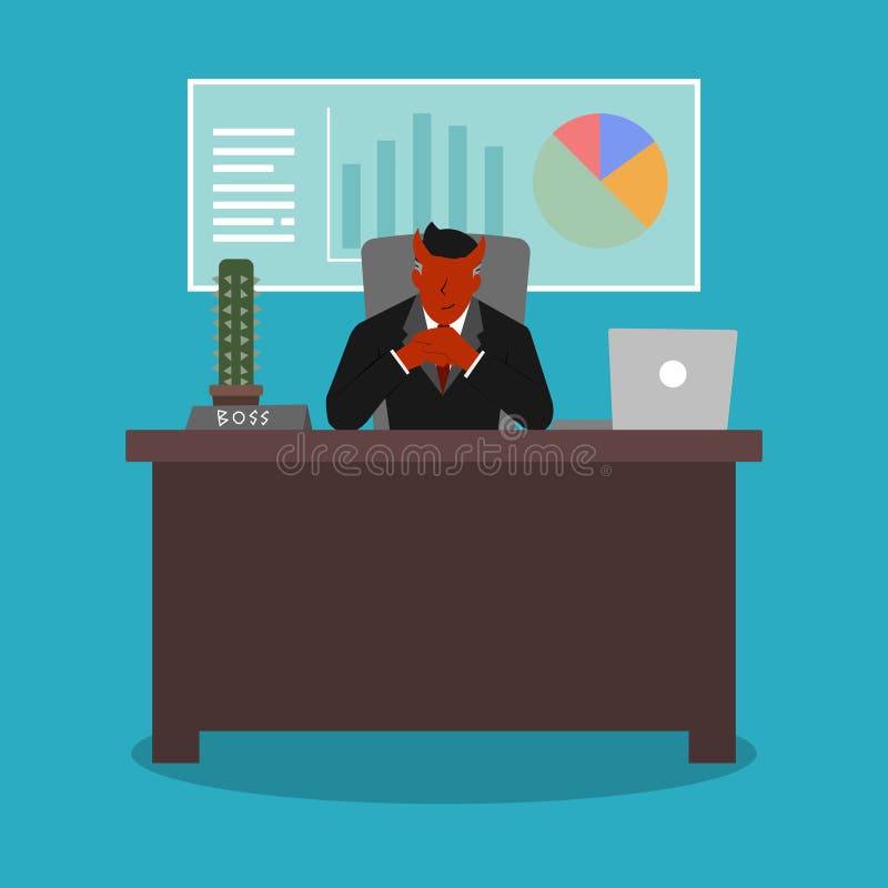 Confident Devil Boss at Desk with Charts. Vector Illustration Stock ...