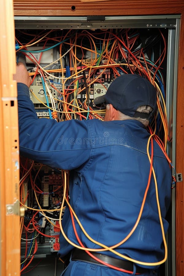 Confident Electrician Efficiently Wiring Structure Amidst Tangle of ...