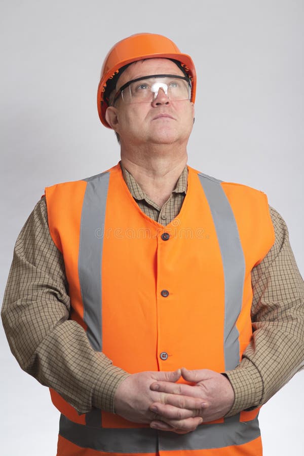 Cheerful Fat Construction Worker with Belly in Hard Hat on Studio ...
