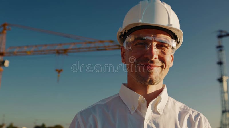 Confident Engineer Overseeing Construction Site with Tower Crane at ...
