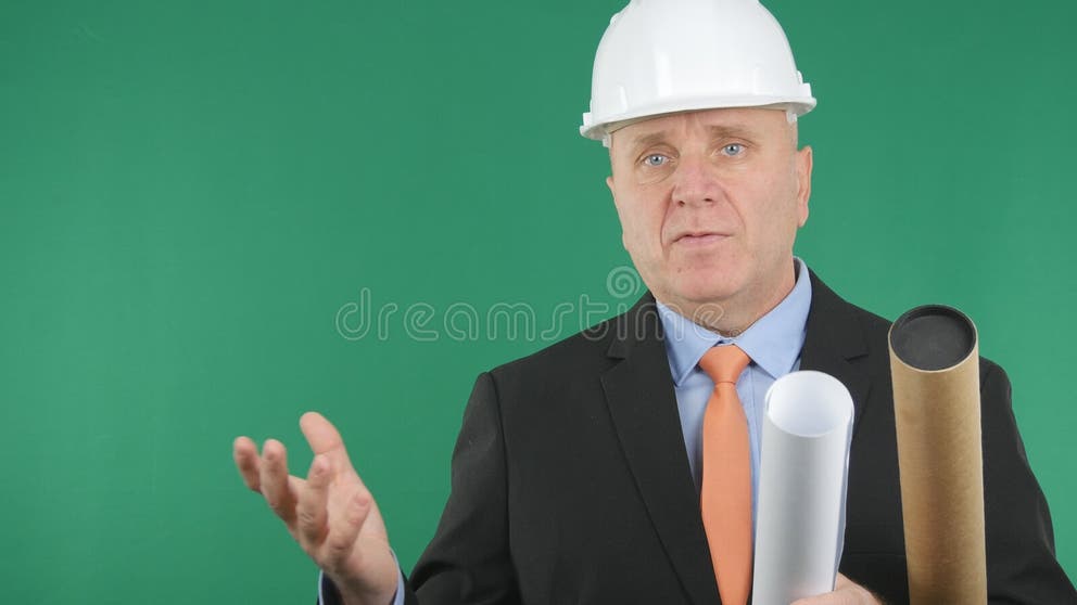 Confident Engineer with Plans in Hand Gesturing and Talking in ...