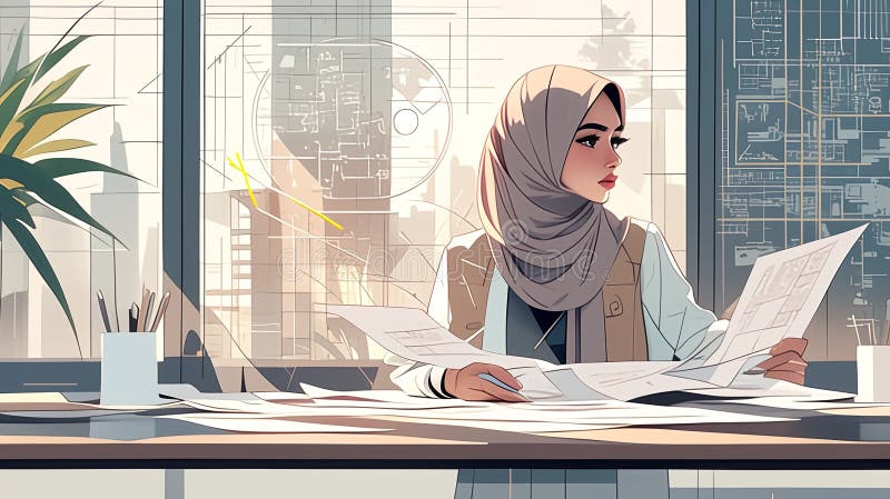 Confident Female Architect Analyzing Designs in a Professional Office Setting Stock Illustration ...