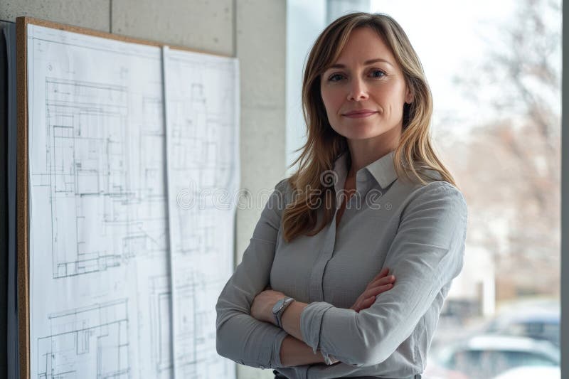 Confident Female Architect with Blueprint Plans in Modern Office ...