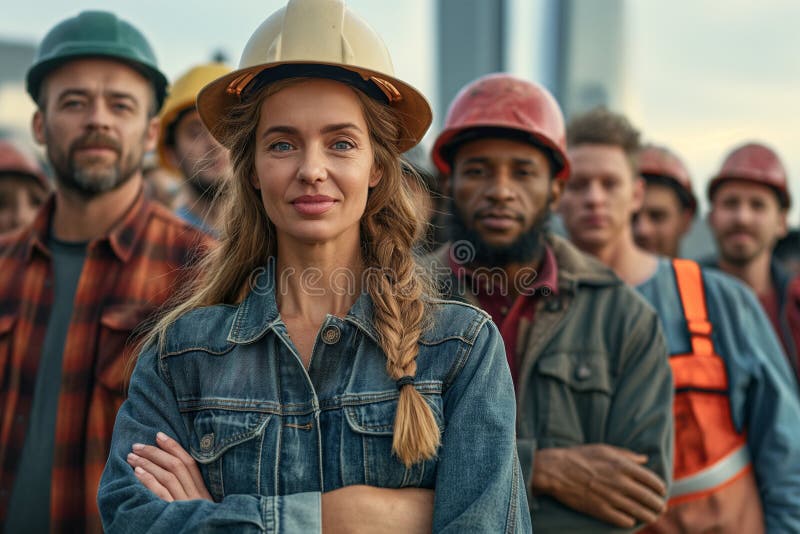 A Confident Female Construction Worker with a Hard Hat Stands at the ...
