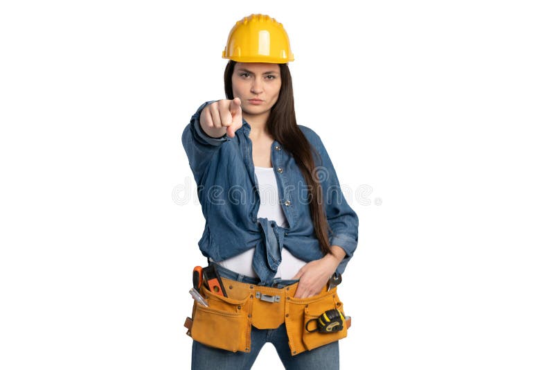 Confident Female Construction Worker Pointing Forward Stock Photo ...