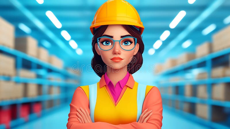 Confident Female Engineer in a Blue Warehouse 3D Render Stock ...