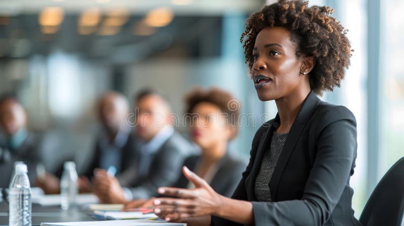 Confident Female Executive Leading Diverse Team in Modern Boardroom ...