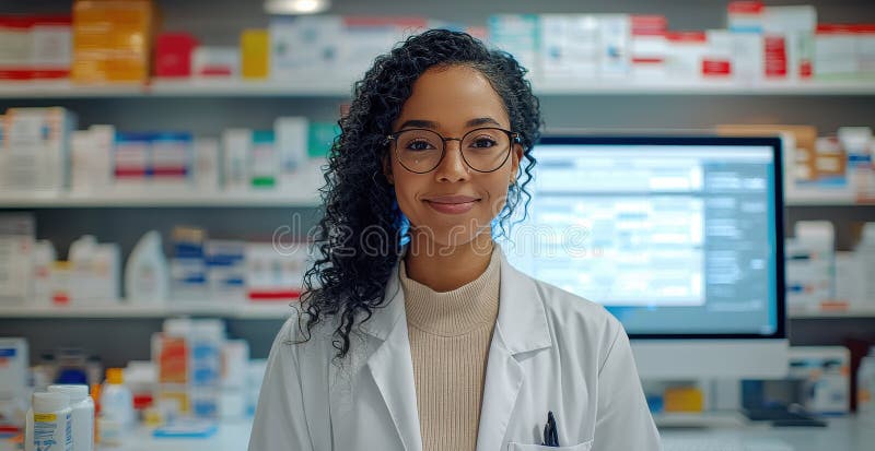 Confident Female Pharmacist in a Modern Pharmacy Setting with a ...