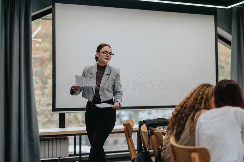Confident Female Teacher Presenting in a Modern Classroom Setting Stock ...