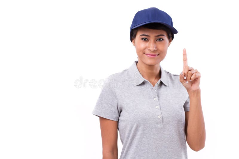 Confident Female Worker Raising Her Palm, Pointing Up 5 Fingers Stock ...