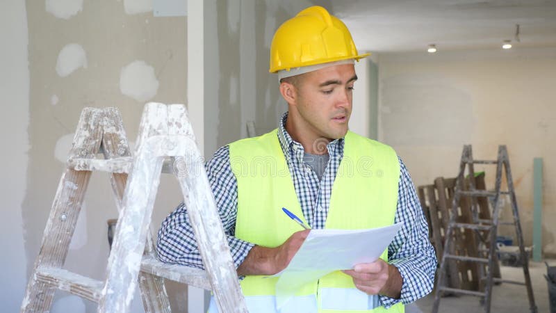 Confident Foreman in Uniform Studying Documents on a Construction Site ...