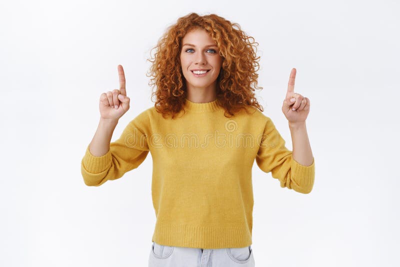 Confident Gorgeous Smiling Redhead Woman With Curly Hair Wear Yellow