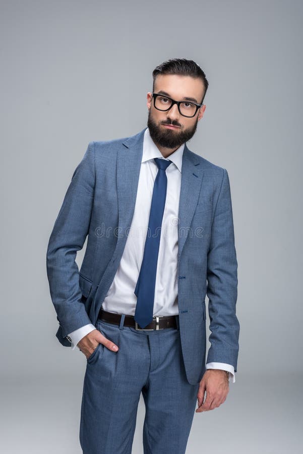 Confident Handsome Businessman Posing in Grey Suit, Stock Image - Image ...