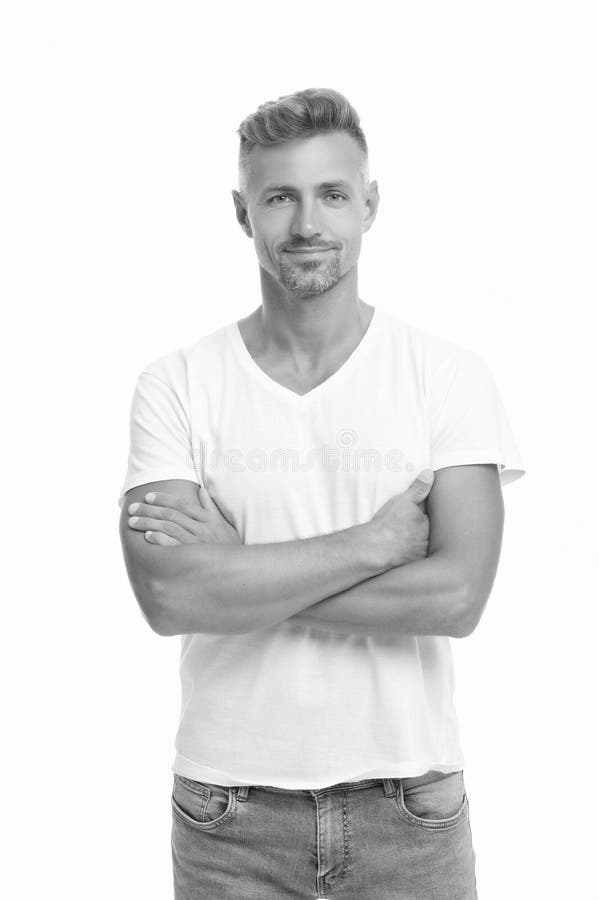 Confident Handsome Man In Casual Keep Arms Crossed Isolated On White