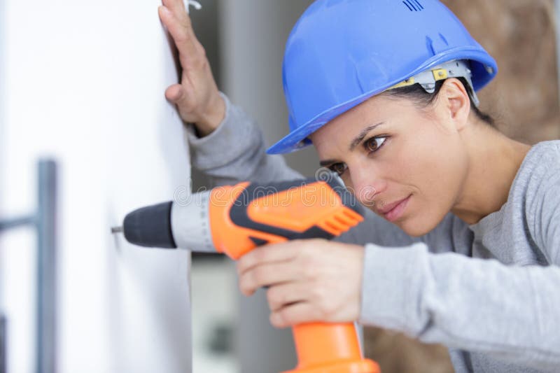 Confident Happy Female Builder with Drill Tool Stock Image - Image of ...