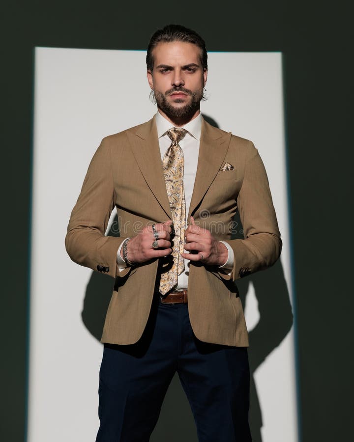 Confident High Class Man Looking Forward and Closing Brown Suit Stock ...