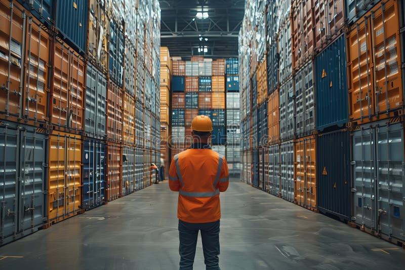 Confident Inspector Standing in Front of Cargo Containers in Warehouse ...