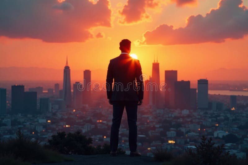 Confident Leader Standing Alone in Front of a City Skyline at Sunset ...
