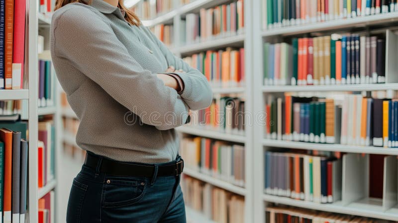 Confident Librarian Posing with Crossed Arms in Library Stock Photo ...
