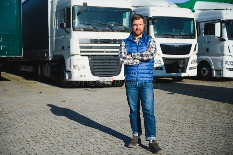 Confident Male Driver Standing in Front on His Truck Stock Photo ...