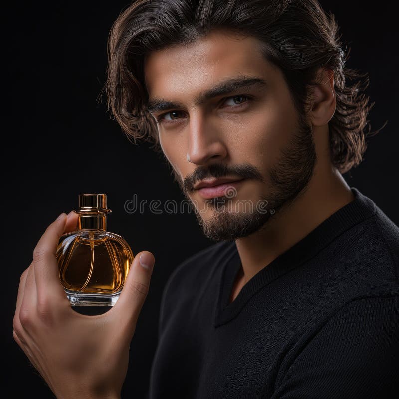 Confident Male Model Holding Perfume Bottle in Dark Elegant Setting ...