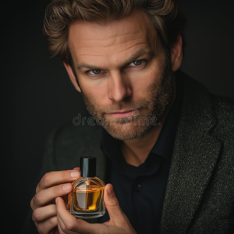 Confident Male Model Holding Perfume Bottle in Dark Elegant Setting ...