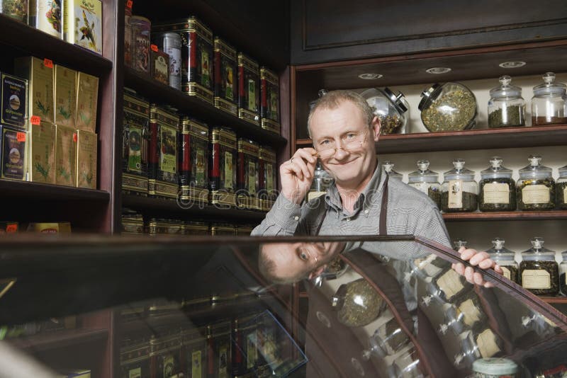 Confident Male Owner in Tea Shop Stock Image - Image of leaning ...