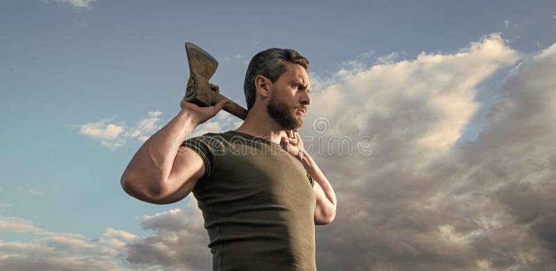 Confident Man with Axe. Brutal Caucasian Man Hold Ax Stock Photo ...