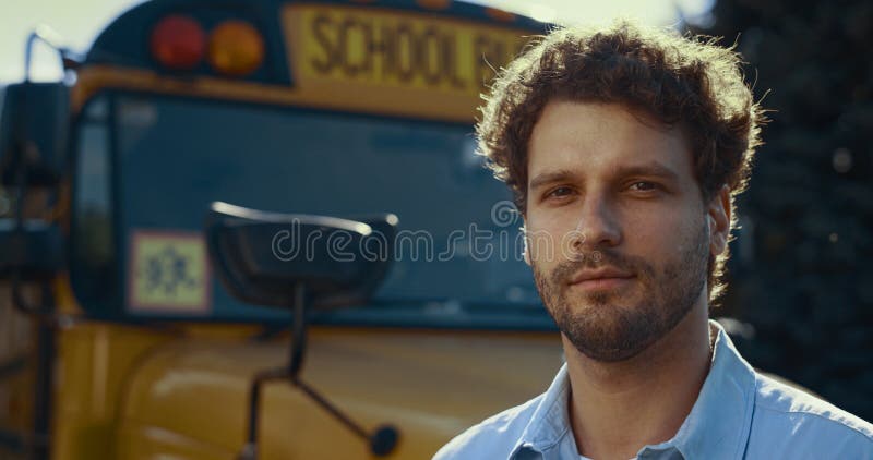 Confident Man Driver Stand at Yellow Bus Looking Camera in Sunlight ...
