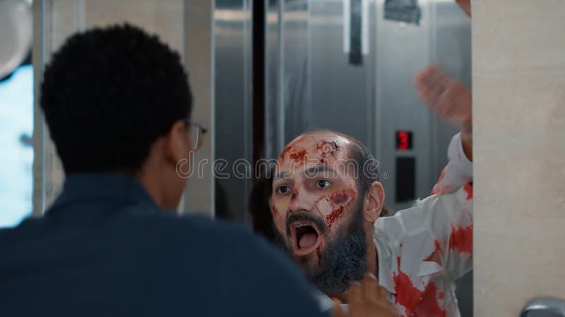 Confident Man Encountering Evil Zombies at Elevator when Leaving Work ...