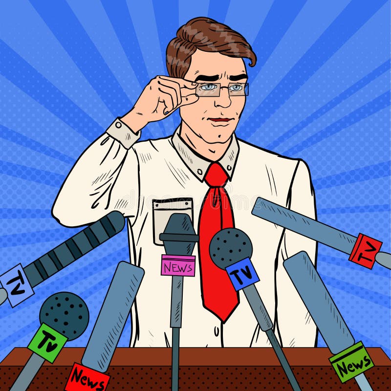 Confident Man Giving Press Conference. Mass Media Interview. Pop Art ...