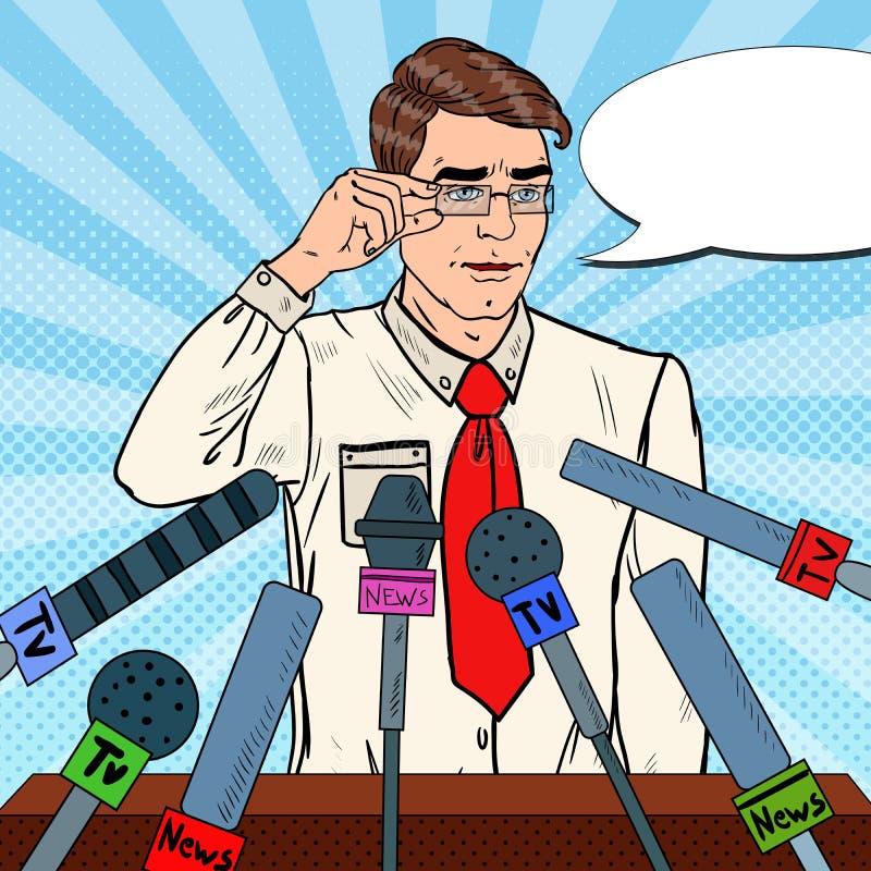 Confident Man Giving Press Conference. Mass Media Interview. Pop Art ...