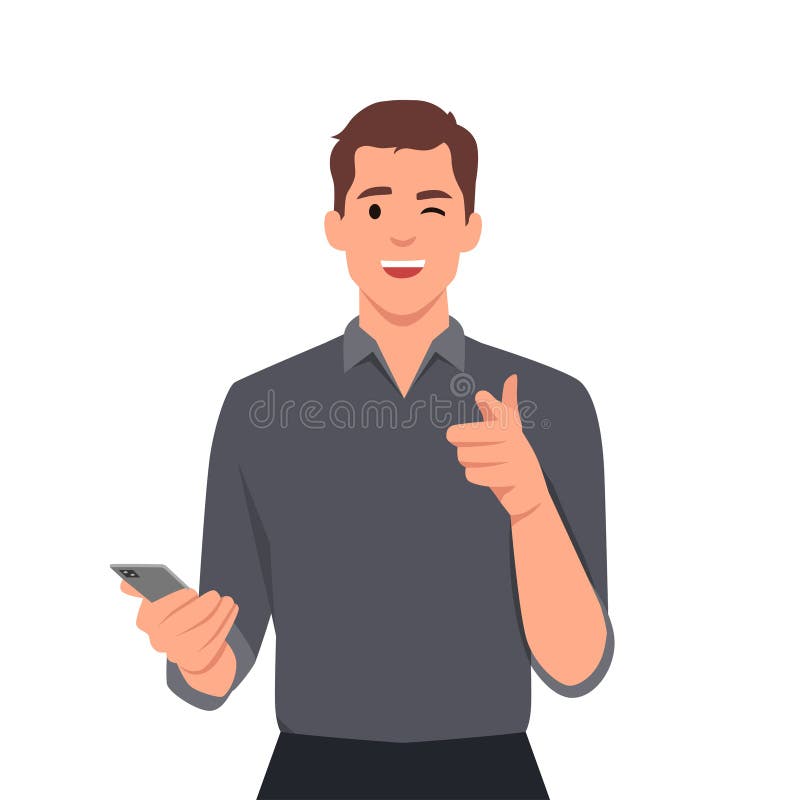 Confident Man Pointing Finger at Camera while Holding Phone To Press ...