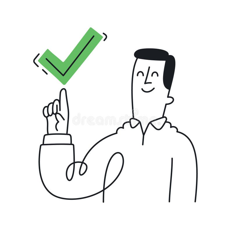 Confident Man Pointing at Green Checkmark - Doodle Style with Editable ...