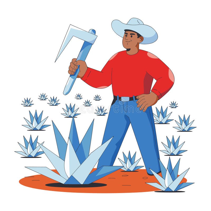 Confident Mexican Farmer in Geometric Agave Field Illustration Stock ...