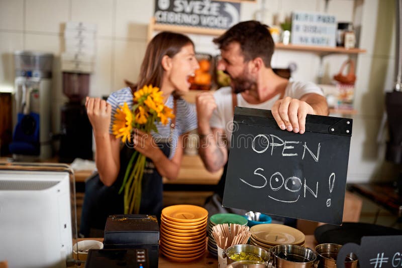 Confident Owner Working at New Open Caf Stock Image - Image of shop ...