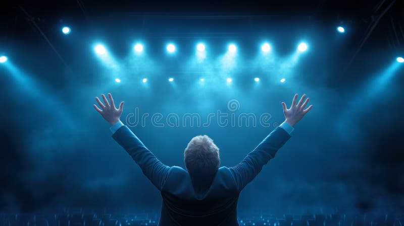 A Performer Stands Confidently on Stage Under Dramatic Blue Lights ...