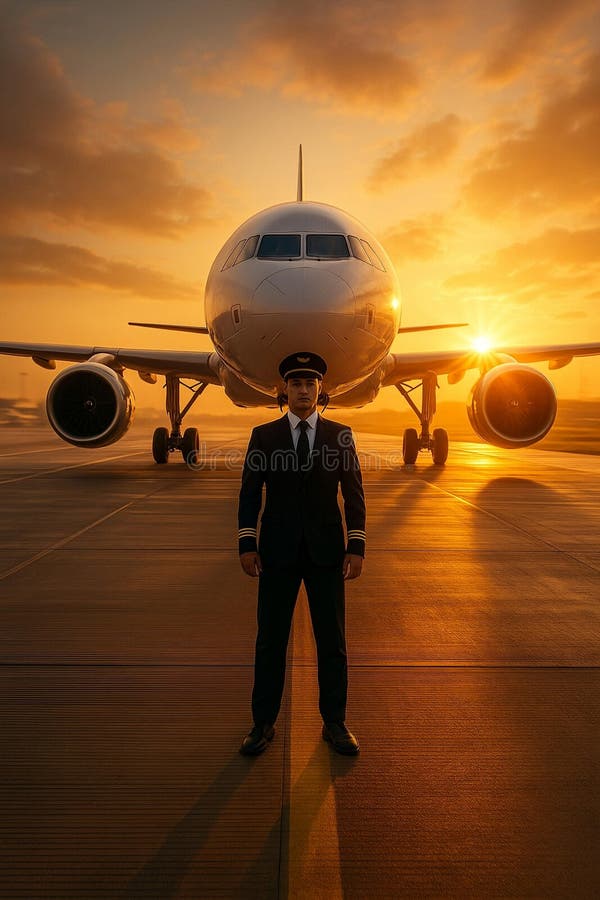 A Confident Pilot in Uniform Standing in Front of a Commercial Airplane ...