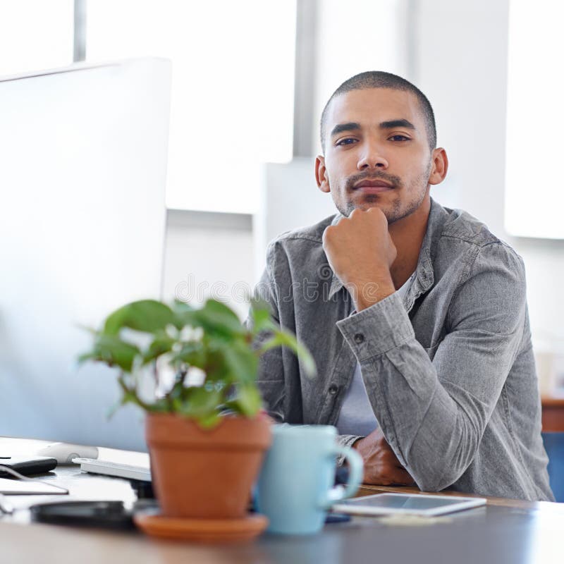 Confident, Portrait or Man on Computer for Problem Solving, Solution or ...