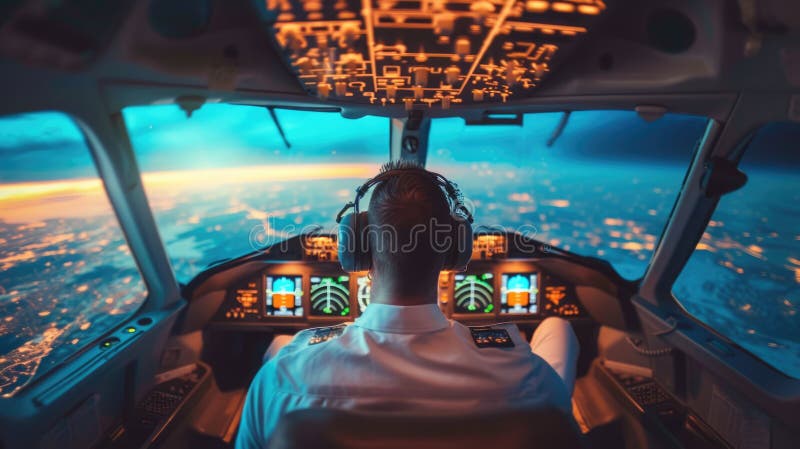 Smart Pilot Sitting at Plane and Looking at Control Panel in Flight ...