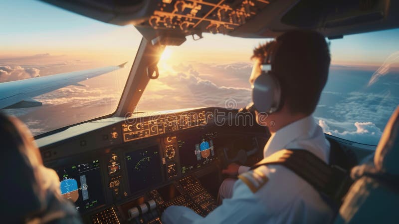 Smart Pilot Sitting at Plane and Looking at Control Panel in Flight ...