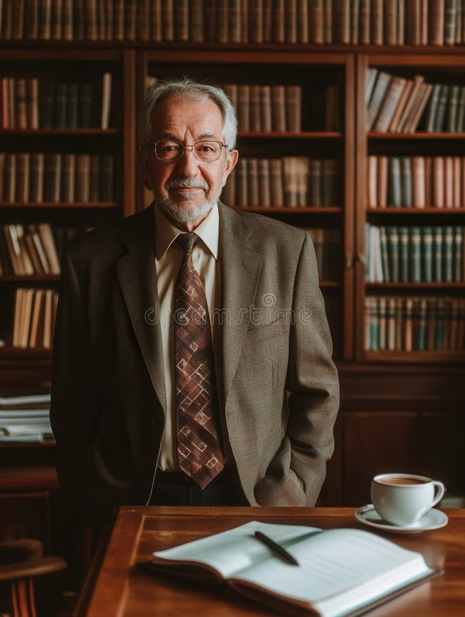 A Confident Professor, Dressed in a Suit, Stands Next To a Bookshelf ...