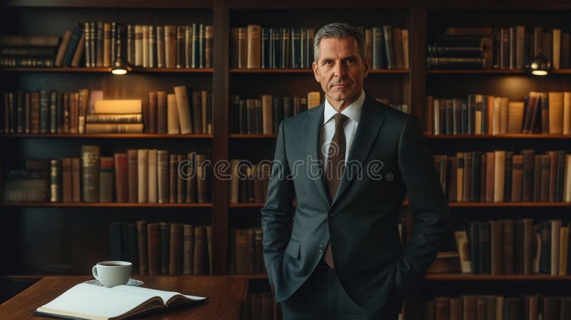 A Confident Professor in a Suit Poses in Front of a Comprehensive ...
